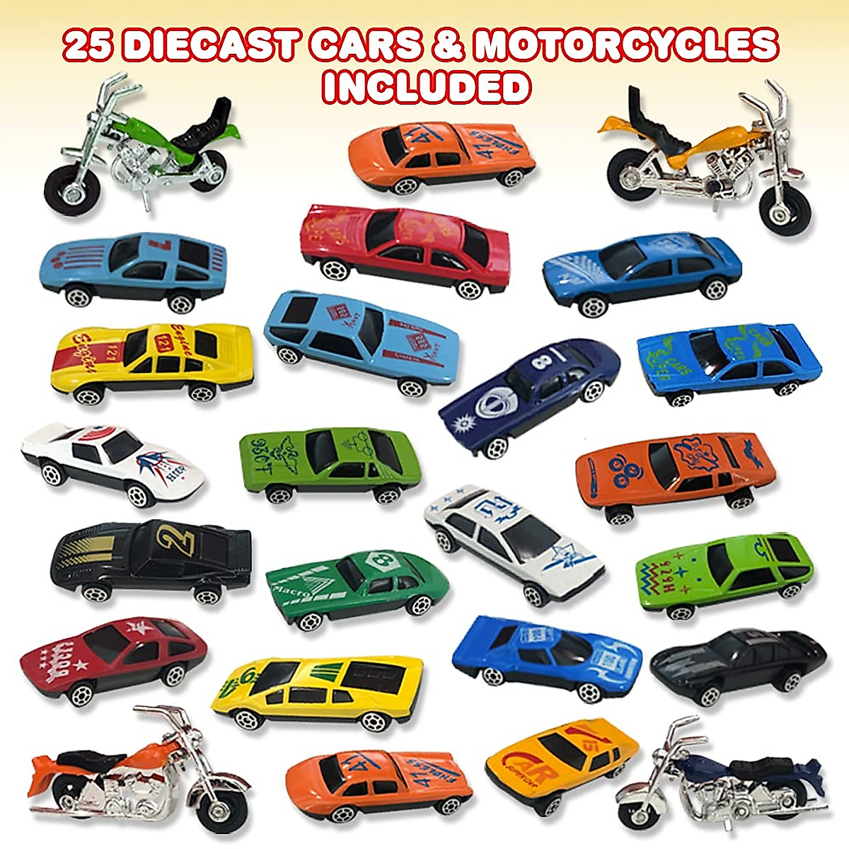 ArtCreativity Diecast Car and Motorcycle Toys, Set of 25, Cool Motorbike and Car Toys for Kids in Window Box, Fun Pretend Play Toys for Boys and Girls, Idea, Car Party Favors