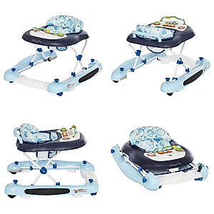 Dream On Me Go-Getter Baby Walker and Walk Behind Walker, Adjustable Seat Height, Comfortable Padded Seat, Easy to Fold, Pack and Store, Detachable Fun Tray, Blue