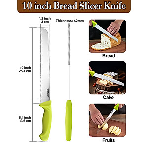 Cook N Home Bread Slicer Knife 10-Inch, Wavy Serrated High Carbon German Stainless Steel Sharp Kitchen Knife, Ergonomic Handle, Green