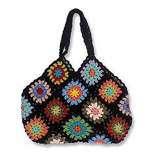 Straw Bag for Women Shoulder Bag Travel Beach Fishing Net Woven Handmade Straw Bag Crochet Tote Bag Shopping (Flower-Black)
