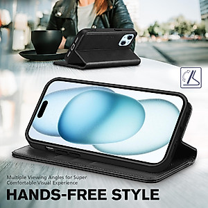 TUCCH Case Wallet Compatible with iPhone 15 Plus, Kickstand Flip Folio [RFID Blocking] [3 Card Slot] PU Leather Cover [Protective TPU Interior Case] for iPhone 15 Plus 6.7 Inch, Classic Black