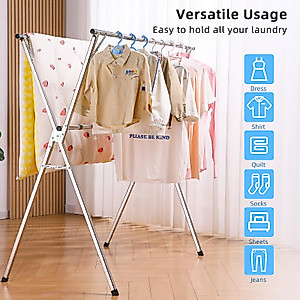 funest Clothes Drying Rack, 79 Inches Adjustable & Foldable Laundry Drying Rack, Heavy Duty Stainless Steel Drying Rack Clothing with 20 Hooks, 12 Clips, Suitable for Indoor, Outdoor and Balcony