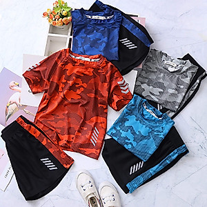 Jellyuu Boys Summer Clothing Sets Kids Short Sleeve Outfit Set Camouflage T-Shirt+ Shorts Sportswear Quick-dry 2Pcs (Green-mesh 9-10 Years)