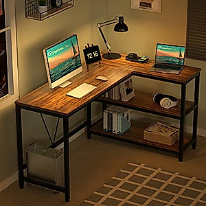 GreenForest L Shaped Desk 55x39.4 inch Large Reversible Corner Gaming Computer Desk with Storage Shelves for Home Office PC Workstation Laptop Table, Walnut