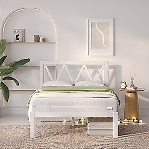 Novilla Twin Bed Frame with Headboard, Metal Platform Bed Frame, Heavy Duty, No Box Spring Needed, Wood Slat Support, Easy Assembly, White
