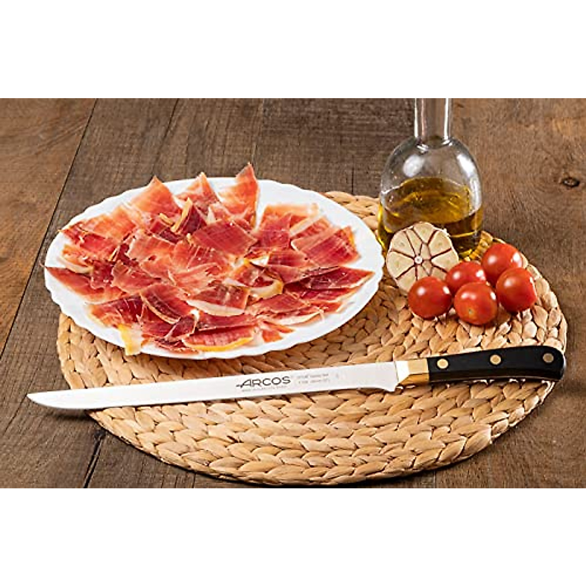 ARCOS Carving Knife 10 Inch Stainless Steel. Ham Slicer Knife for Cutting Ham and Meat. Ergonomic Polyoxymethylene Handle and 250mm Blade. Series Regia. Color Black/Gold