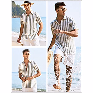 COOFANDY Men's Green Striped Linen Button Up Shirts Short Sleeve Business Casual Shirt