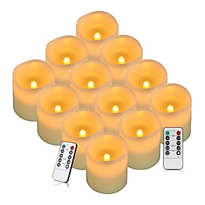 Vickiss Flameless Candles LED Candles Set of 12 (D:3" X H:4") Battery Operated Candles Flickering Bulb Pillar Ivory Real Wax Electric Candles with Remote and Timer for Home Decoration