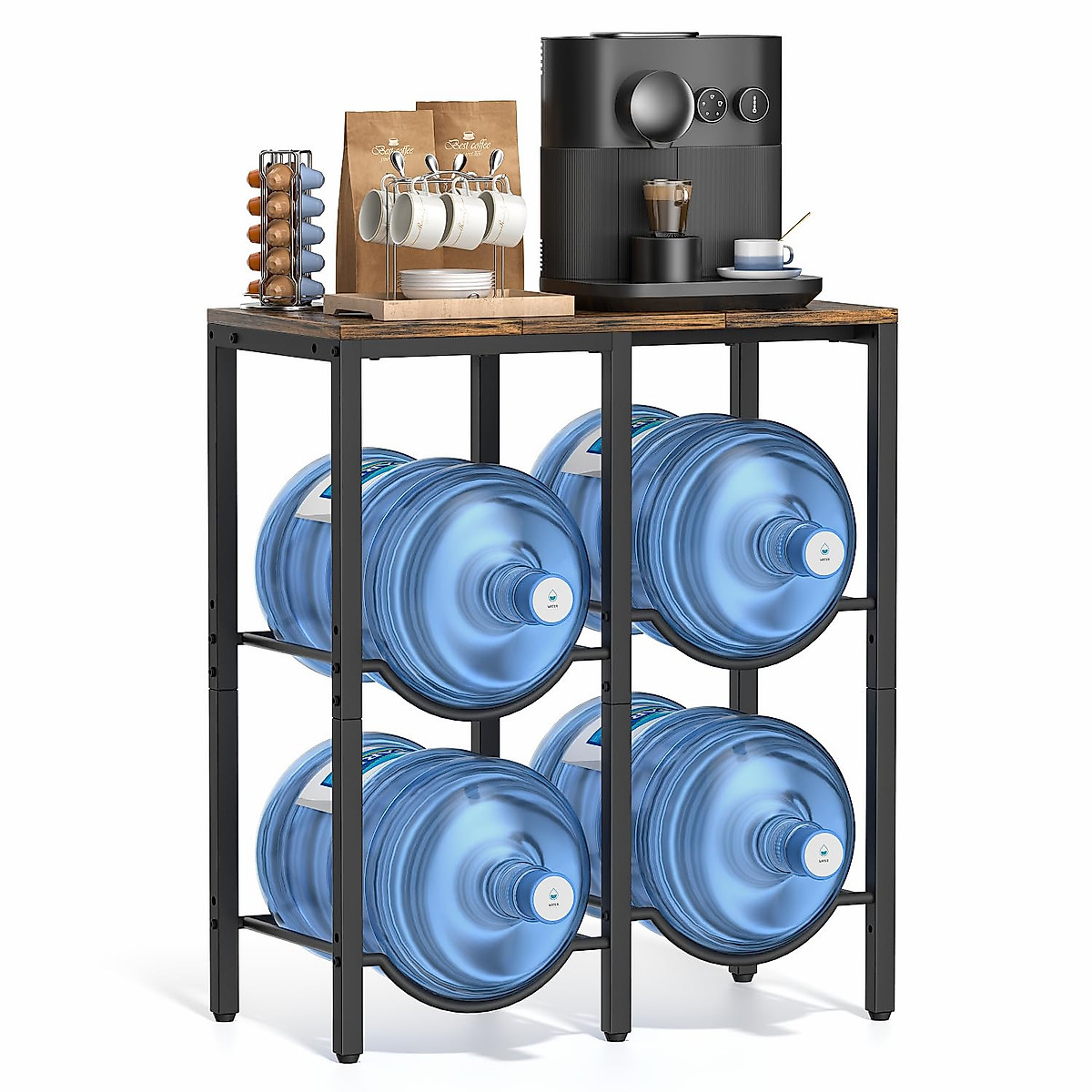 VINAEMO 5 Gallon Water Jug Holder, 3-tier Water Jug Stand with Extended Wood Tabletop Shelf, 4 Slots 5 Gal Water Bottle Holder Storage Rack with Water Dispenser Stand for Home,Office,Garage Organizer