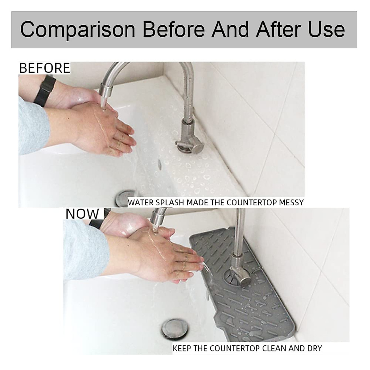 Faucet Splash Catcher, Silicone Faucet Water Catcher Mat, Drip Protector Splash Countertop, Sink Draining Pad Behind Faucet for Kitchen & Bathroom Countertop Protect, 37 * 14.5 * 1.5cm (White, 1)