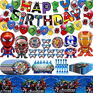 Superhero Party Decorations, Superhero Birthday Party Supplies, Superhero Blue Theme Decorations - Includes Superhero Plates and Napkins, Tablecloths, Banners, Balloons, Stickers.-189 Pcs