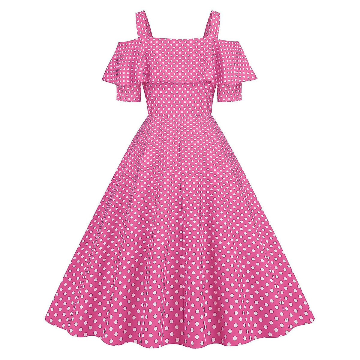 UNSERE Womens Trendy Off Shoulder Vintage Large Swing Dress Sexy Suspender Ruffled Short Sleeve Polka Dot Dresses Elegant High-Waist 50S Retro Prom Party Dress for Halloween(Pink,XX-Large)
