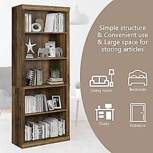 LYNSLIM Farmhouse Bookcase, Tall Bookshelf with Adjustable Shelves, 5-Shelf Open Display Storage Shelf for Home Office Living Room, Oak Finish Decor Furniture, Rustic Oak
