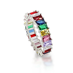 Savlano 18K White Gold Plated Cubic Zirconia Emerald Cut Multicolor Rainbow Eternity Ring Band (10)