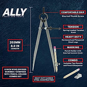 ALLY Tools 8 Inch Precision Locking Spring Divider/Woodworking Compass with Pencil Holder INCLUDES Two Pencils and Pencil Sharpener Ideal for Drawing, Drafting, Carpentry