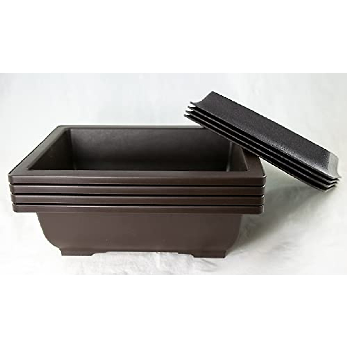 Calibonsai 4 Sets Rectangular Plastic Bonsai Training Pot, Cactus & Succulent Planter + Tray 10''x 7.5''x 3'' - Dark Brown