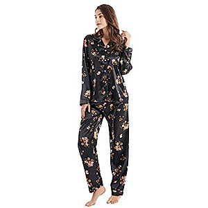 Tony & Candice Women's Classic Satin Pajama Set Sleepwear Loungewear (Black with Flower Pattern, Small)