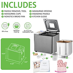 KEEPEEZ Bread Machine Dual-Heaters, 19-in-1 Horizontal Bread Maker, Gluten Free, Sourdough, Pizza Dough, Jam, Stir-Fry Setting, Stainless Steel, 2LB Loaf, 3 Crust Colors, Nonstick Pan, Auto Keep Warm…