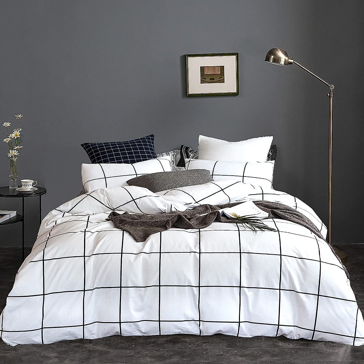 KAREVER White Grid Comforter Set Big Grid Queen Cotton White Black Plaid Printed Stripes Women Checkered Queen Comforters Bedding Set Bed Blanket Set White Plaid Comforter
