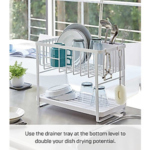 Yamazaki Home Two-Tier Adjustable Dish Drainer Rack, Compact Drying Rack with Hooks, Utensils Holder, Steel, Draining Spout, Water Resistant, No Assembly Req.