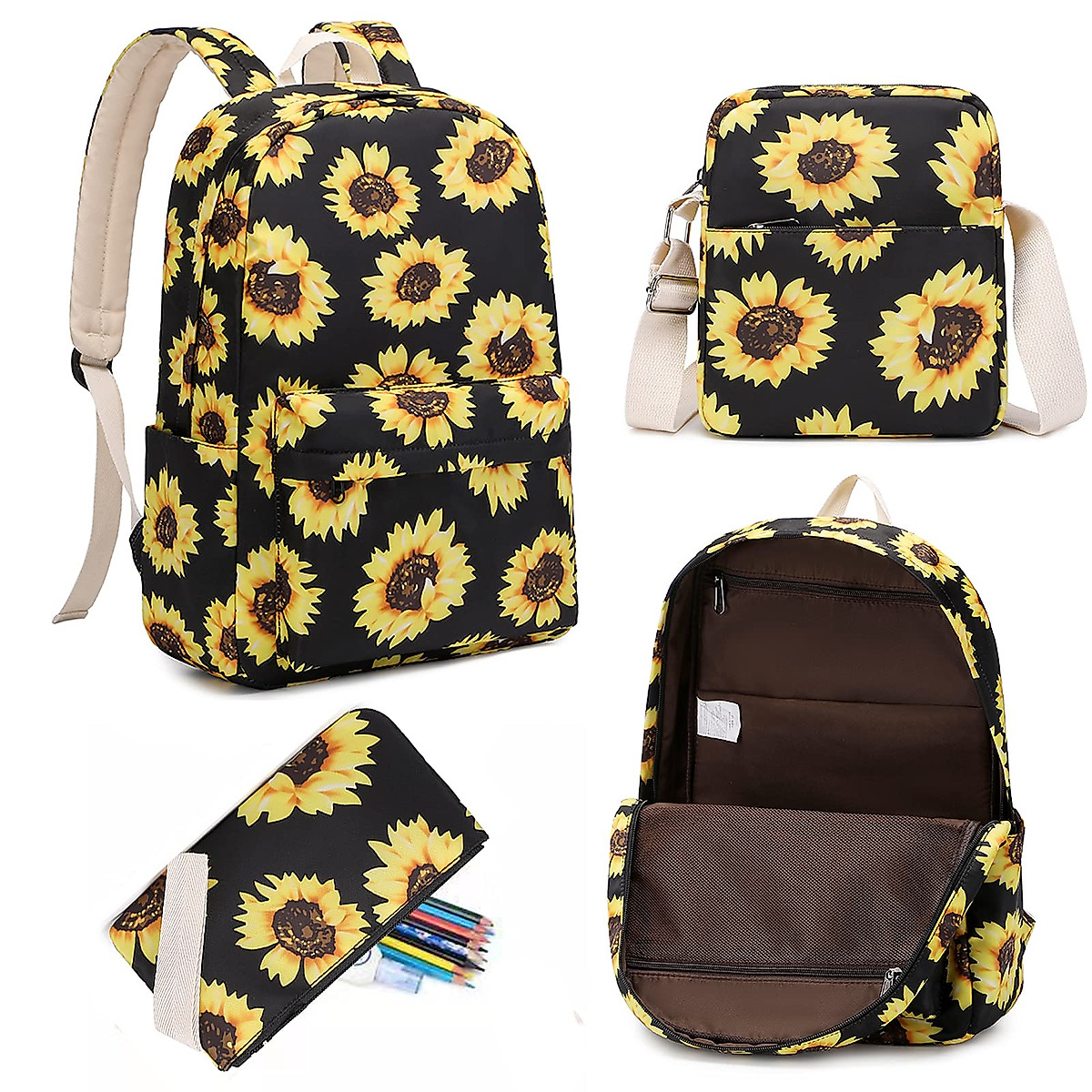 EZYCOK School Backpack College Bookbag for Girls Women, Water Resistant Laptop Backpack Casual Daypack with Sling Bag and Pencil Case , Sunflower