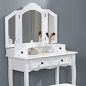 Roundhill Furniture Sanlo Wooden Vanity | Make Up Table and Stool Set | White