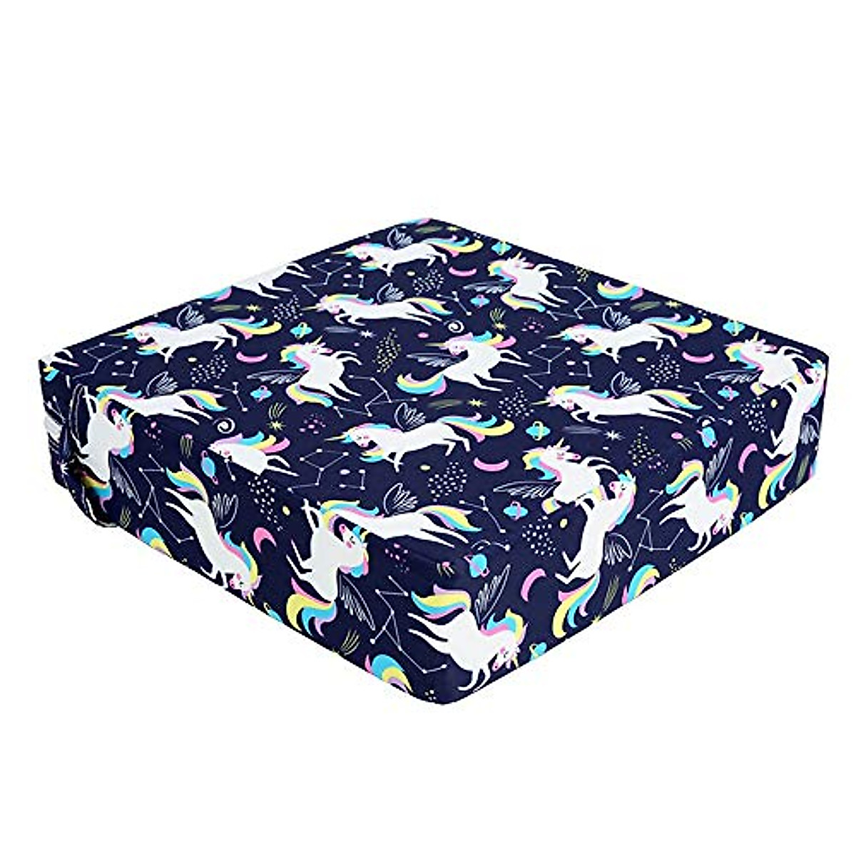 Mornenjoy Toddler Booster Seat Cushion for Dining Table,Chair Increasing Cushion for Children,Highchair Booster Cushion Washable Cloth Square Kids Seat Cushion with Straps (Unicorn Blue)
