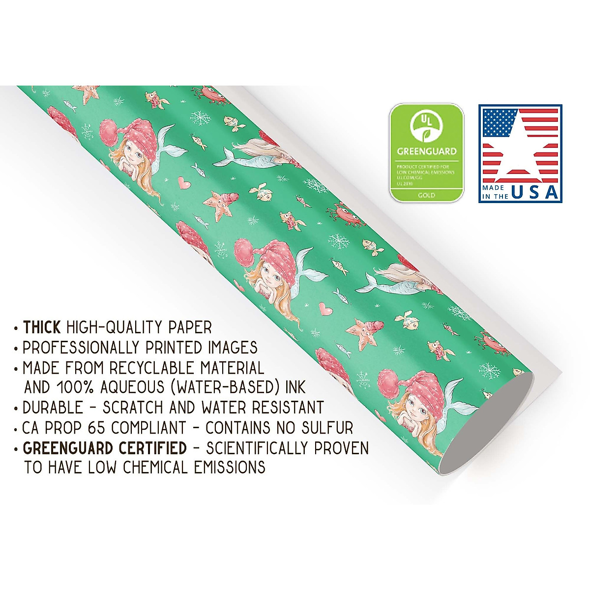 Christmas Mermaid Luxury Gift Wrap, Xmas Thick Wrapping Paper, Sea Theme Santa Princess Christmas Birthday Party Decor (6 foot x 30 inch roll)