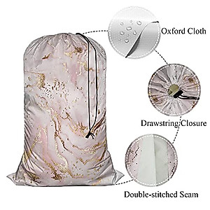 Swono Gold Rose Marble Extra Large Travel Laundry Bag, Dirty Clothes Shoulder Bag with Drawstring, Glitter Dust Painting Heavy Duty Travel Laundry Bag, Machine Wash, Abstract Marbling