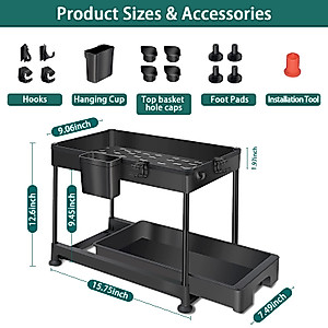 Under Sink Organizer and Storage, 2 Tier Under Cabinet Storage Pull Out Under Sink Shelf, Sliding Under Counter Organizer for Kitchen Bathroom Organization with Storage Basket and Hooks
