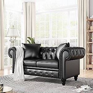 Pannow 63 Inch Upholstered Loveseat Sofa, Classic Chesterfield Couch with 2 Pillows and Roll Arms, Button Tufted PU Leather Sofa for Living Room Bedroom Guest Room, Black