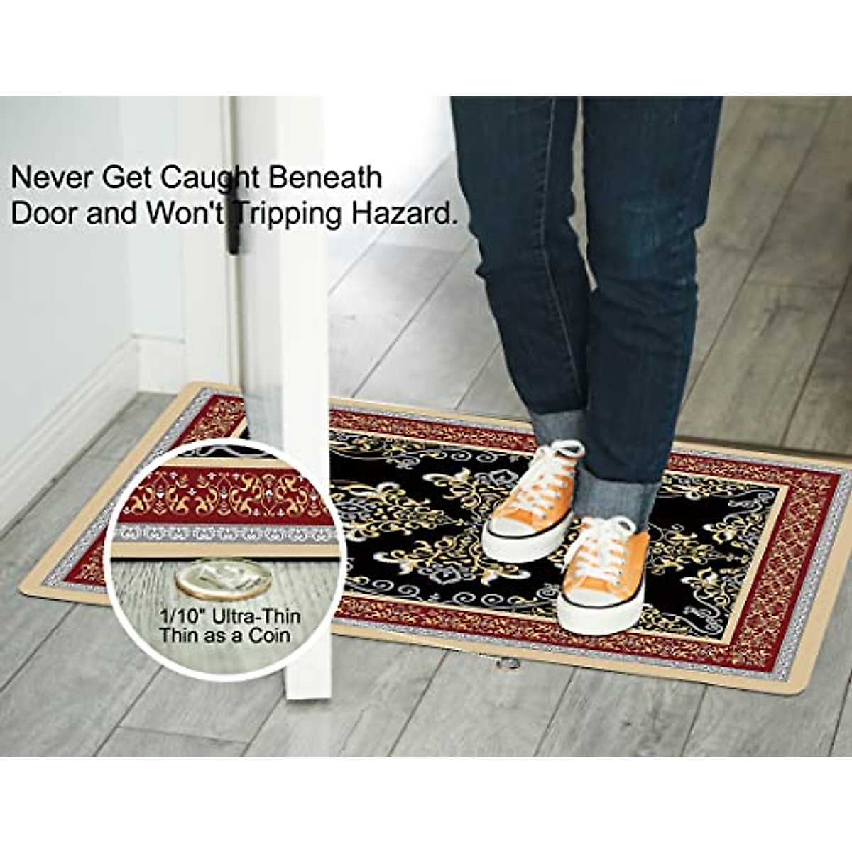 Cosilyt 1/10" Ultra Thin Extra Large 3×5 Feet and 24"×35" Front Door Mat Indoor Entryway Area Rug for Inside Entry, Waterproof Non Slip Washable Rubber Interior Door Mats Entrance Home, Boho Red