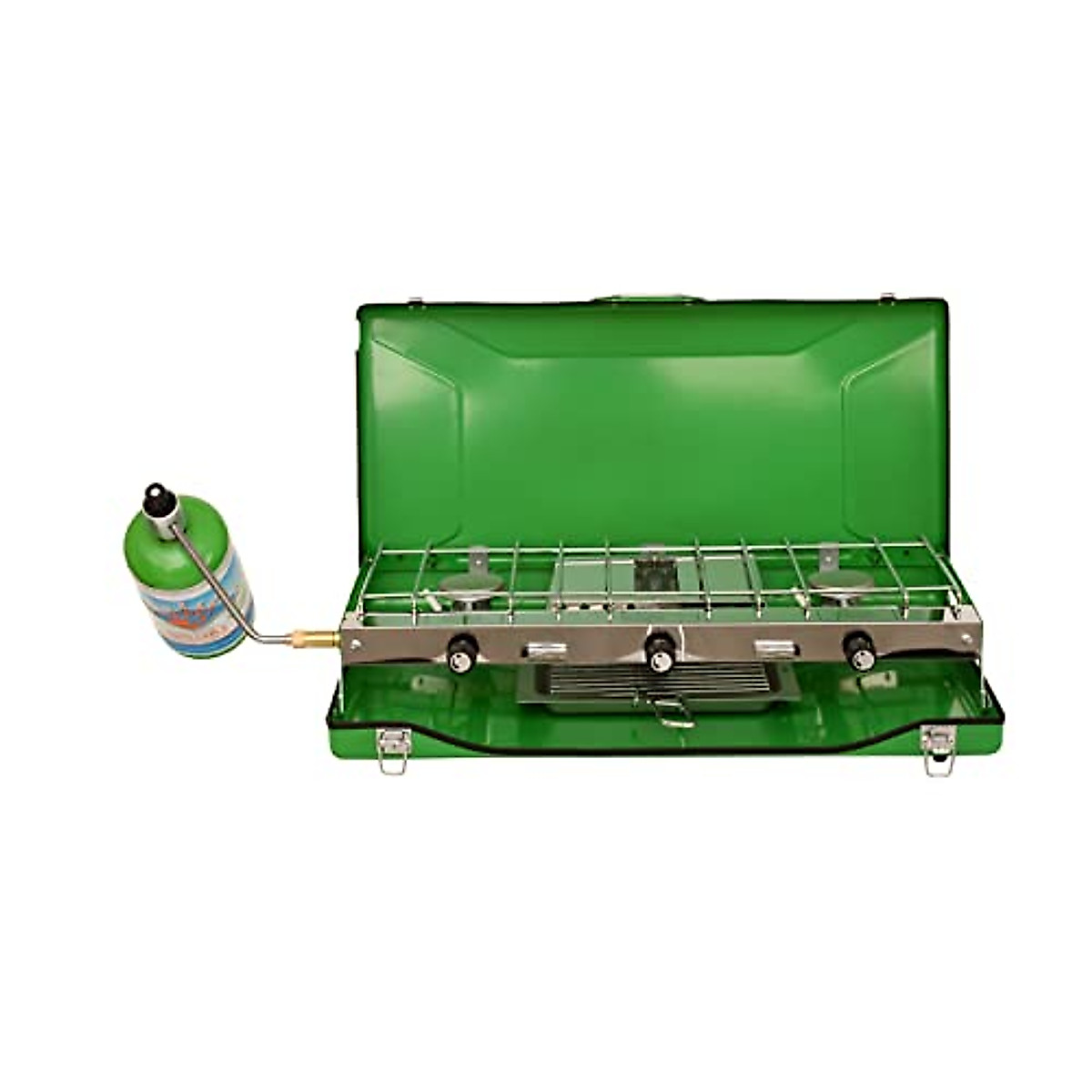 Flame King YSNBBQ-136M 3-Burner Portable Camping Stove Grill w/Toast Tray, Great for Outdoor Cooking, Backpacking, Compatible with 1LB Propane Gas Bottle