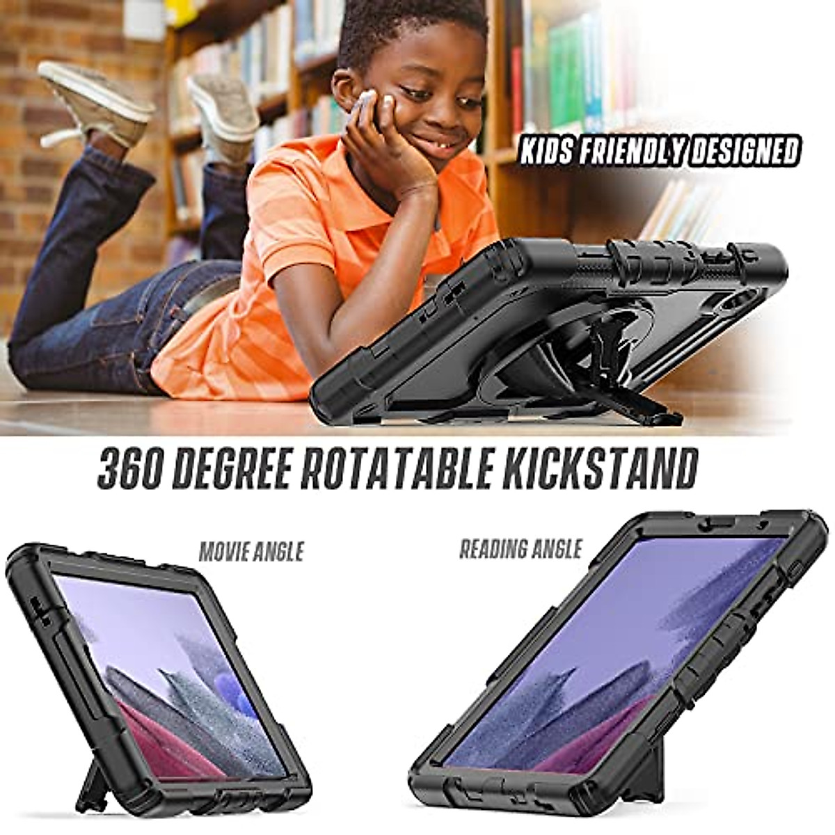 Herize Case Compatible with Samsung Galaxy Tab A7 Lite 2021 with Screen Protector | Heavy Duty Case SM-T225/T220 | Full Body Shockproof Sturdy Rugged Rubber Protective Case W/Hand Strap Shoulder Strap