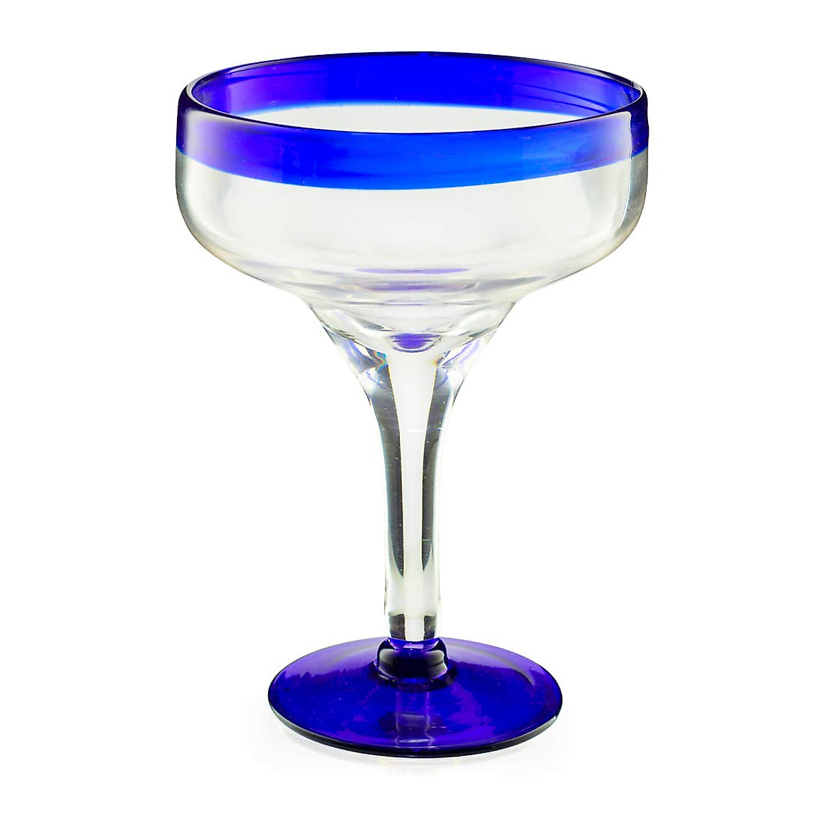 Mexican Hand Blown Glass – Set of 4 Large 16oz, Cobalt Blue Rim Line, Luxury Margarita & Cocktail Glasses, Mexico Design Large 16oz Cobalt Cinco de Mayo - The Wine Savant, Dishwasher Safe Glassware