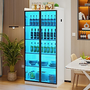 Lvifur Tall Storage Cabinet up to 70", LED Kitchen Pantry Cabinet with Human Body Induction, 5 Tier Bookcase Display Cabinet with Adjustable Shelves for Living Room Office (White)