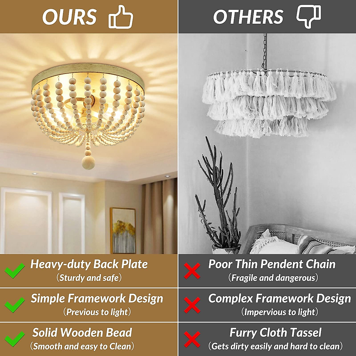 Farmhouse Wood Beaded Chandelier, Bohemia Ceiling Lamp, Rustic 2-Light Pendant Light Fixture, Semi-Flush Mount Ceiling Light for Living Room Entryway Hallway Kitchen Girl’s Room Baby’s Nursery, Oak