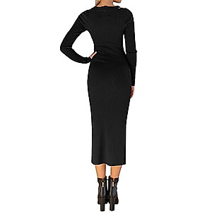 PRETTYGARDEN Women's Sweater Dress Ribbed Long Sleeve Knitted Slit Midi Dress for Women V Neck Bodycon Wrap Dress (Black, Large)