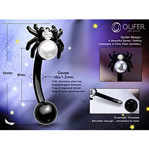 OUFER Rook Piercing Jewelry, 316L Surgical Steel Rook Earrings For Women Men, 16G Spider Curved Barbell Eyebrow Rings, Pearl Tragus Daith Piercing Jewelry(Black)…