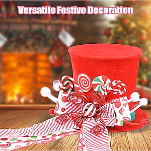 HMASYO Candy Cane Christmas Tree Topper, Large Red Tree Topper Hat with Candy Peppermint Bows Ribbon Ornament, Top Hat Christmas Tree Topper for Home Office Holiday Tree Decoration Xmas Gift