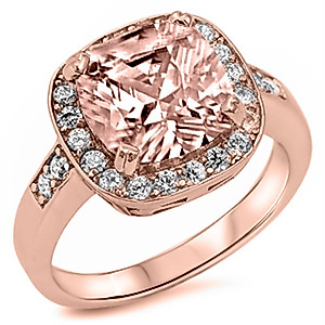 Blue Apple Co. Simulated Pink Round CZ Cushion Morganite Rose Tone Plated Sterling Silver Halo Engagemnt Wedding Ring