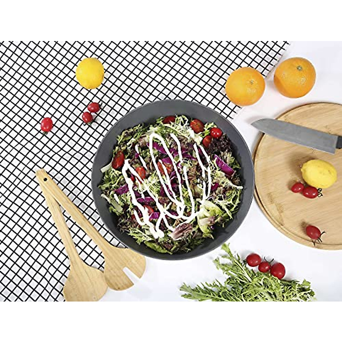 Webbylee Large Salad Serving Bowls with Tongs, Mixing Bowl with Servers with Nature Bamboo Lid Spoon and Fork for Salads, Fruits and Vegetables, Dishwasher Safe, BPA free (Dark grey)