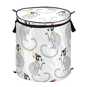 pnyoin 50L Large Popup Laundry Hamper Round with Zipper Lid Reinforced Handles Portable Collapsible Basket for Kids Room College Dorm Travel, Vintage Gray Monkeys in Chinoiserie Style