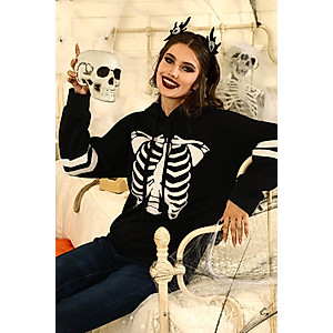Women Halloween Funny Spooky Pullover Sweatshirts Graphic Print Long Sleeves Hoodie Skeleton M