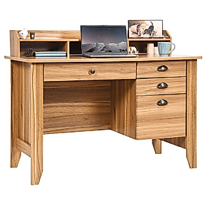 Catrimown Computer Desk with Drawers and Hutch, Farmhouse Home Office Desk Writing Table Wood Executive Desk Student Desk with File Drawer for Small Space, Bedroom, Rustic Oak