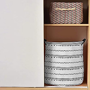 Laundry Basket,Bohemian Black Stripe Triangle Geometry White Back Waterproof Clothes Hampers with Handle,Ethnic Chic Geometric Large Collapsible Storage Bag for Bedroom Bathroom 16.5x17In