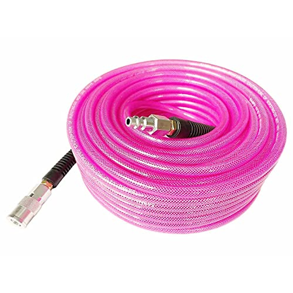 SANFU Polyurethane(PU) 1/4-Inch x 100ft Reinforced, lightweight Air Hose with 1/4” Swivel Industrial Quick Coupler and Plug, Bend Restrictor, Transparent Pink(100’)