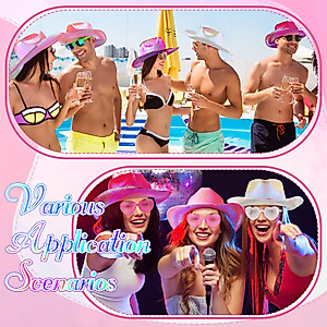 Coume 23 Pcs Cowboy Light up Hat Bulk Flashing Holographic Cowgirl Hats with Heart Sunglasses for Women Costume Accessories(Pink, White, Rose Red, Cute Style)