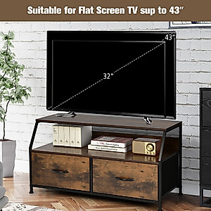 SILKYDRY Dresser TV Stand, Entertainment Center Media Console Table with 2 Folding Fabric Drawers & 2 Open Shelves for TV up to 43’’, Storage Drawer TV Unit for Bedroom, Living Room (Rustic Brown)
