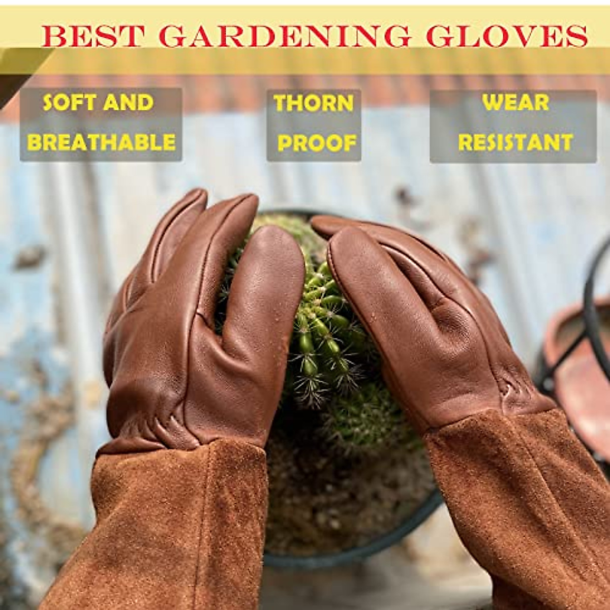 AOUCHI Long Leather Gardening Gloves for Women Men Kid, Breathable Cowhide Rose Pruning Thorn Proof Gloves with ﾠForearm Protection, Sheepskin Palms Cowhide Sleeves Garden Yard Safety Work Gloves(M)